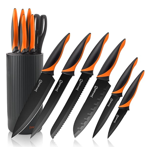 JAWANFU KITCHEN KNIFE SET, 8 PIECES ANTI-RUST BLACK KNIFE SET, NON ...