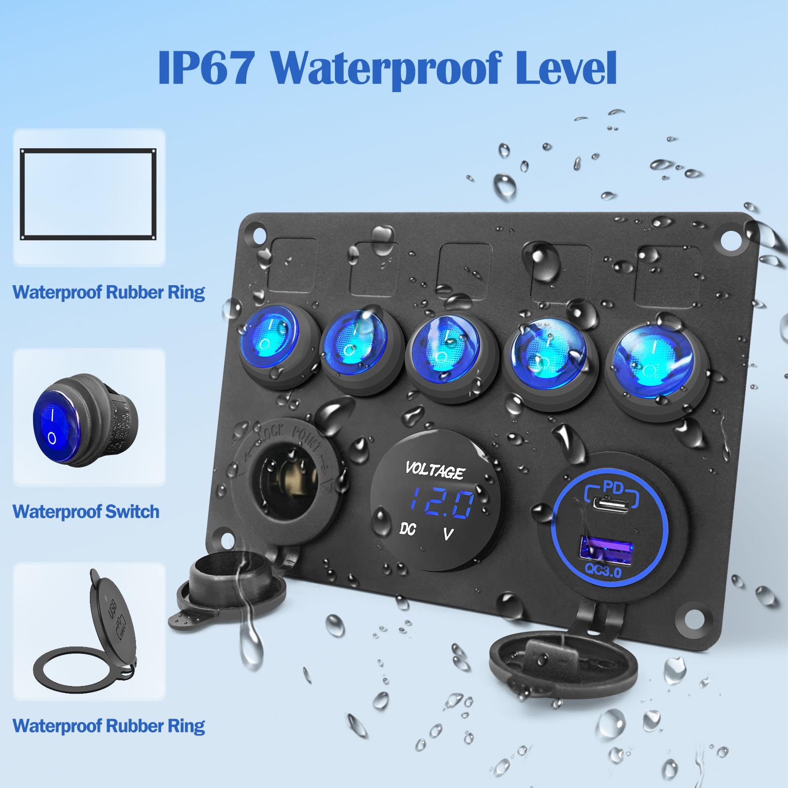 Mua 5 Gang Marine Switch Panel w/Blue Voltage Display, USB PD & QC3.0 ...