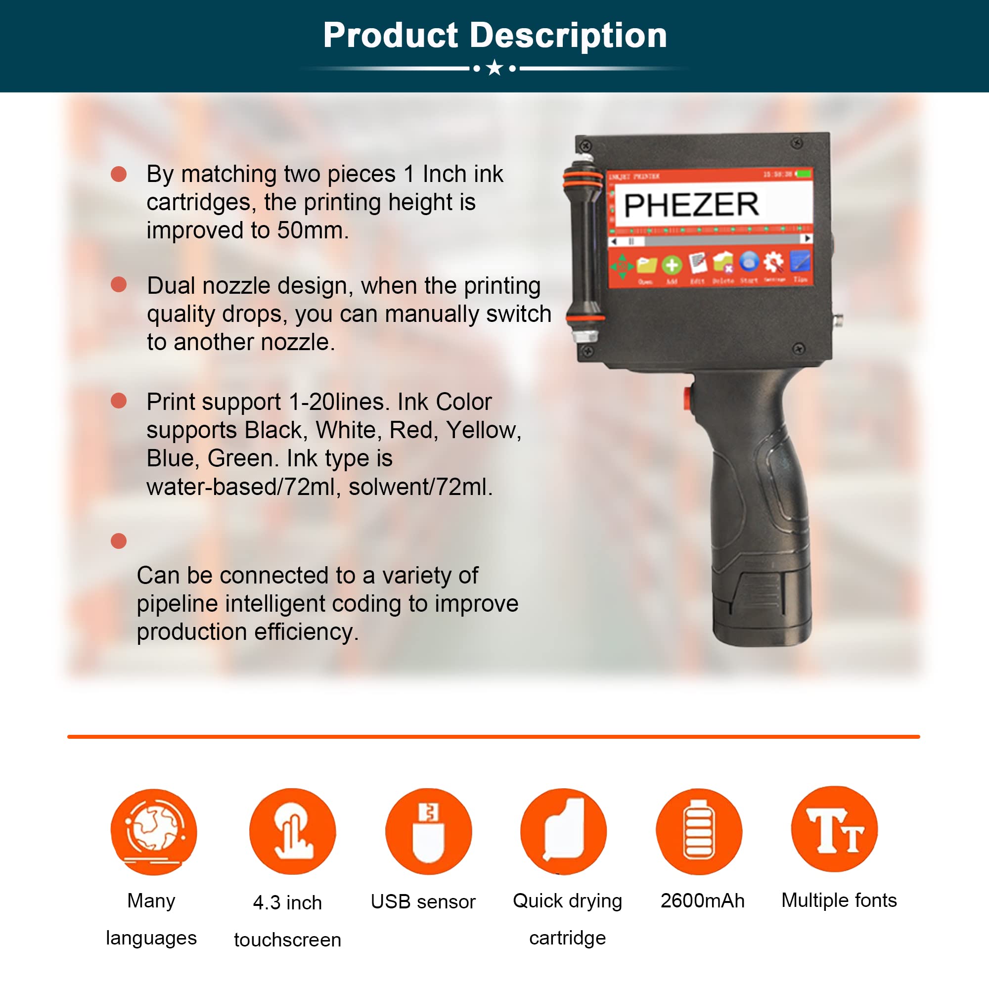 Mua Phezer Dual Nozzle Large Charater Handheld Inkjet Printer P50, 2 ...