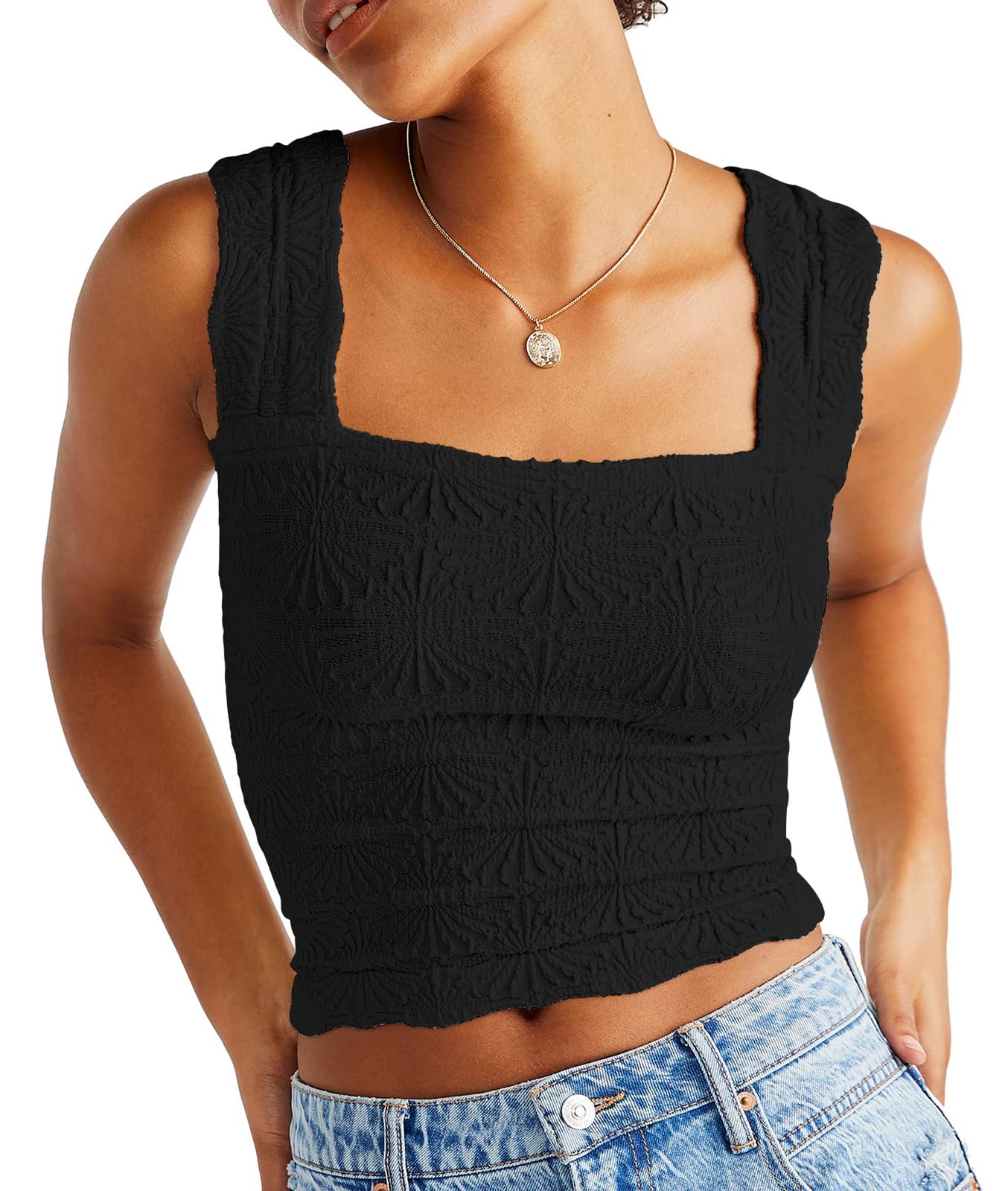 DouBCQ Women Cute Crop Tank Top Square Neck Wide Strap Vest Slim Fit Floral Lettuce Trim Cropped ...