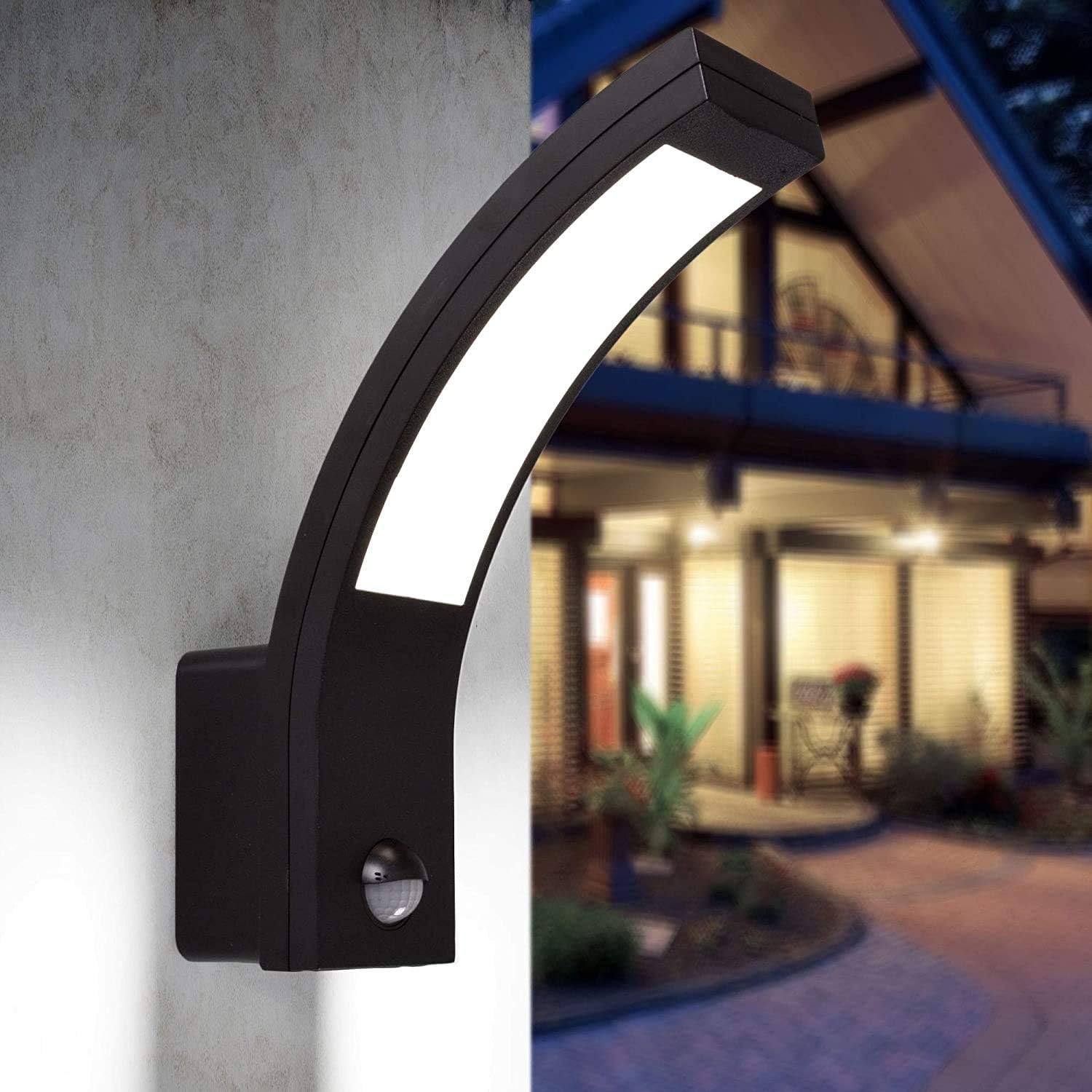 CGC Black Curved LED Motion Sensor PIR Wall Light Outdoor Garden Porch ...