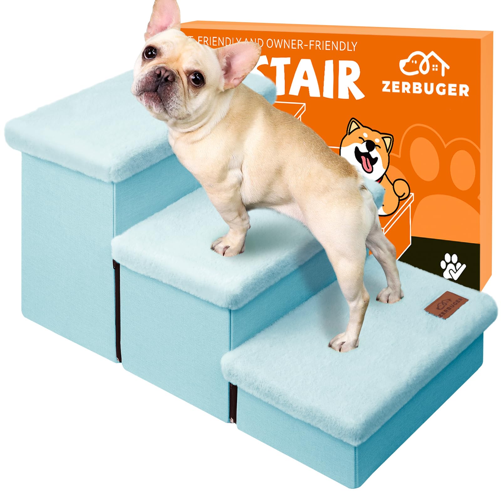 Zerbuger Dog Stairs with Furry Lids 18" H, 3-Step Wider Dog Steps with ...