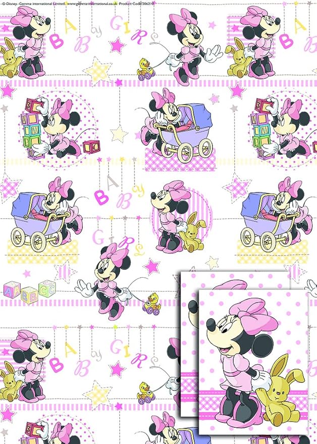 Disney Minnie bébé 2 x Feuilles de papier cadeau et 2 x étiquettes ...
