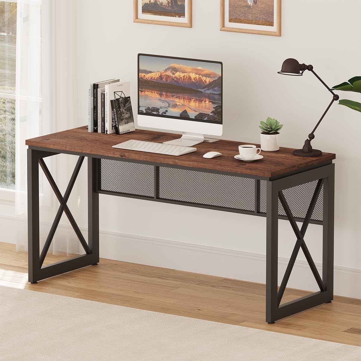 BON AUGURE 60 Inch Computer Desk for Home Office, Industrial Metal Wood ...
