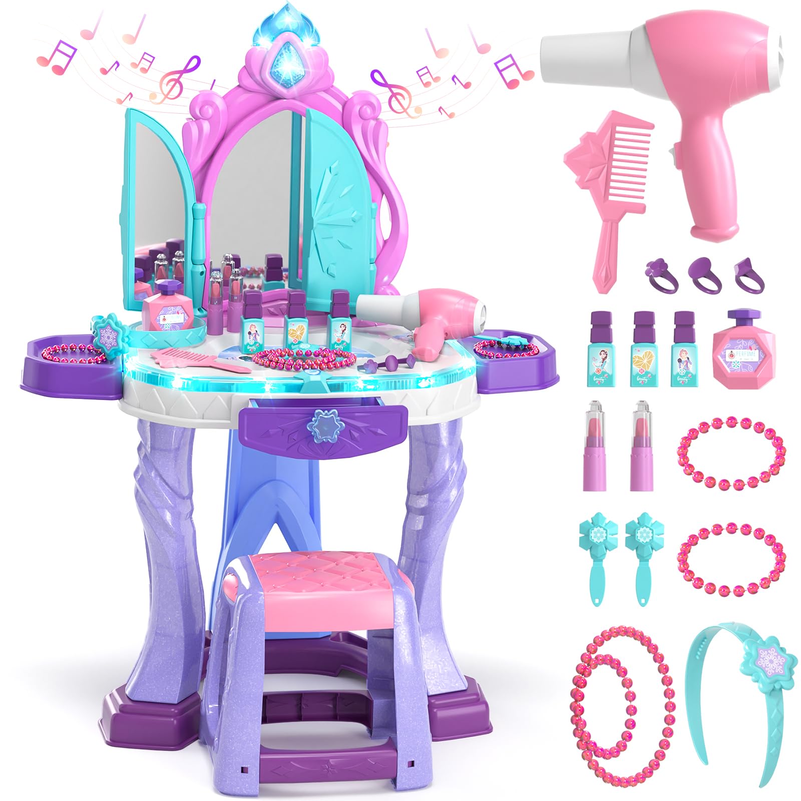 Lehoo Castle Pretend Play Kids Vanity Table and Chair Set, Girls Makeup ...