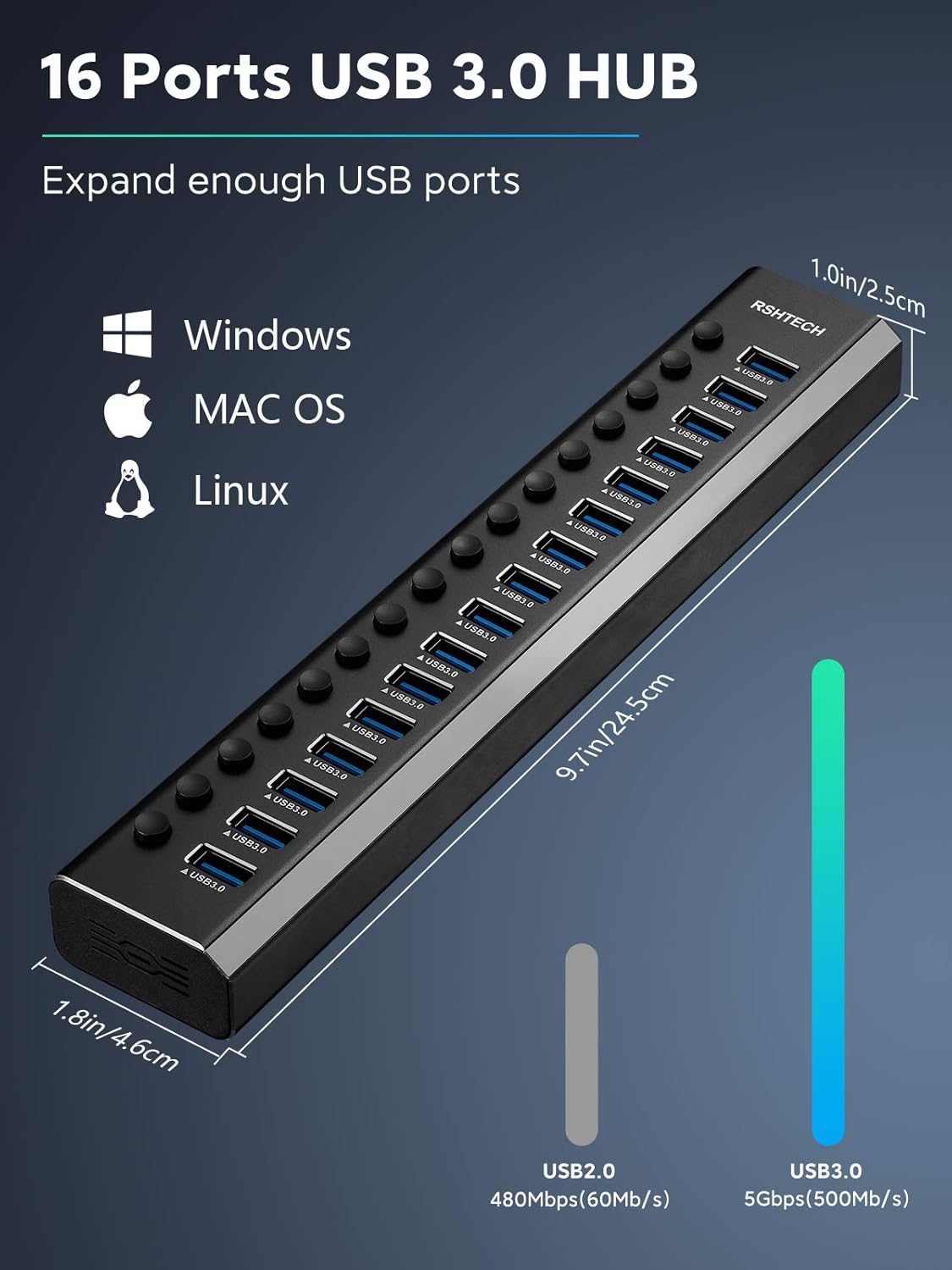 Powered USB Hub RSHTECH 16 Port 100W USB 3.0 Data Hub Aluminum USB Port Expander with Individual ...