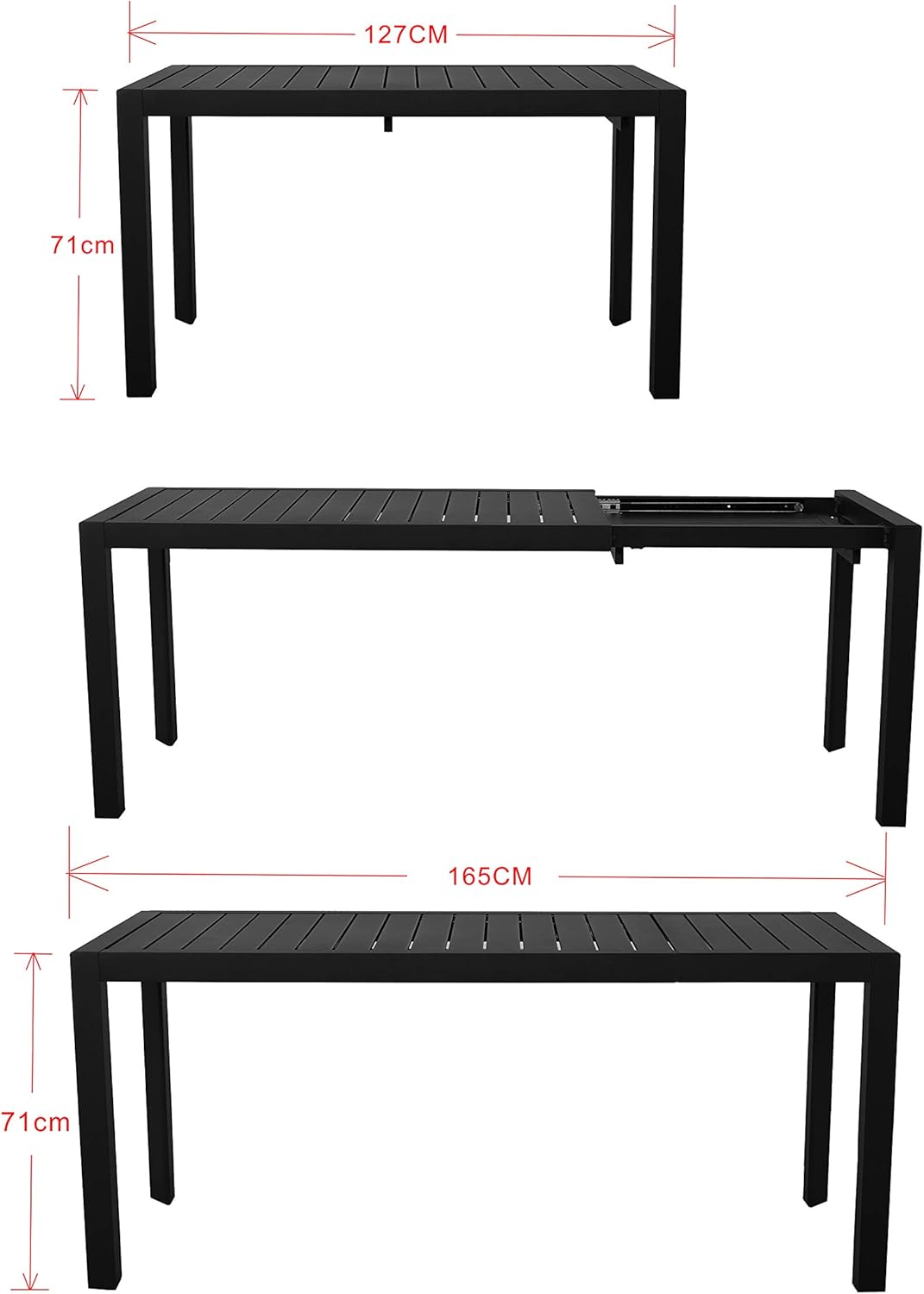 Chicreat Extendable Table, Black, Aluminium, 127-165 x 57 x 71.5 cm ...