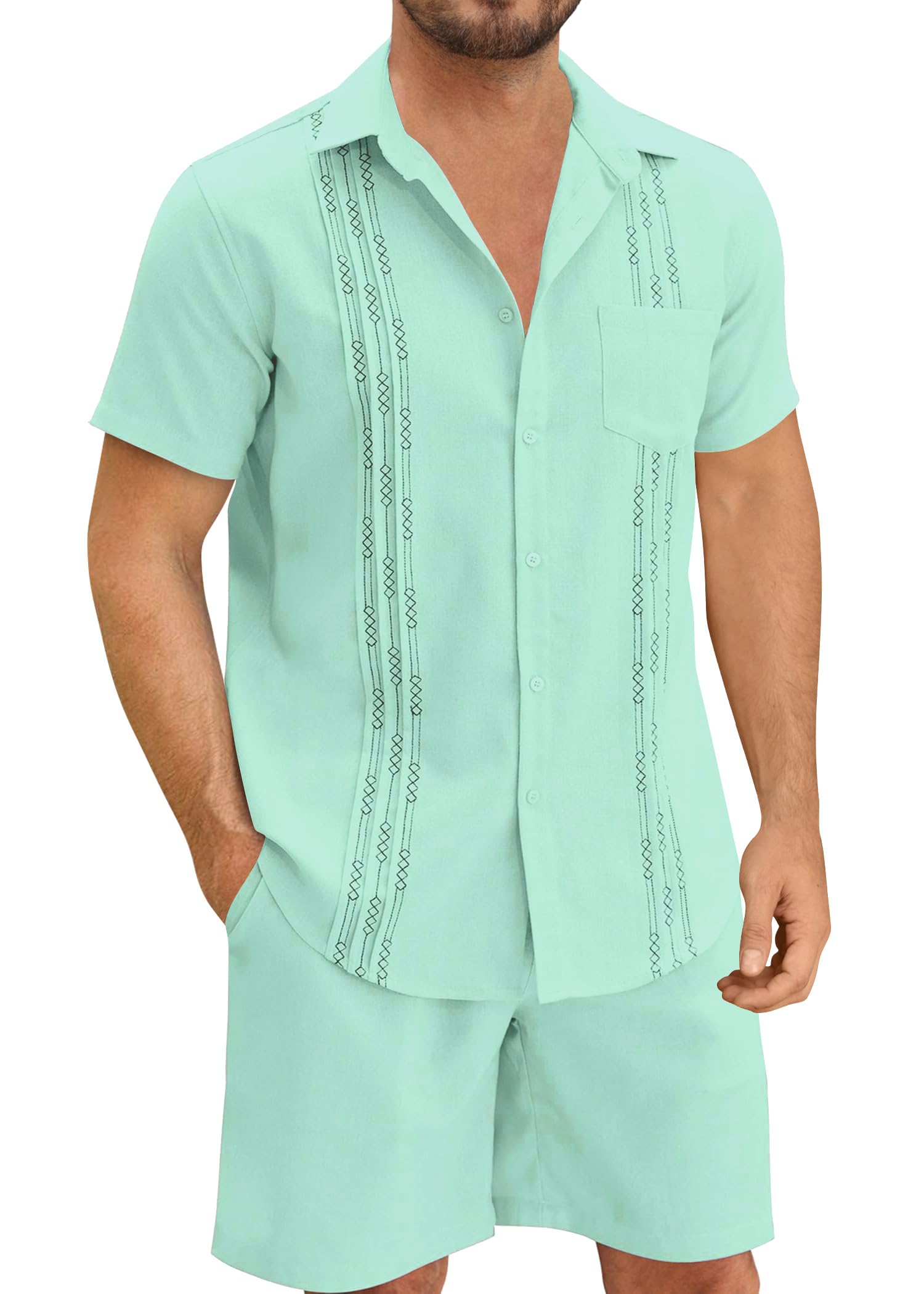 hawalili Men Linen Sets Outfits 2 Piece Short Sleeve Cuban Shirts ...