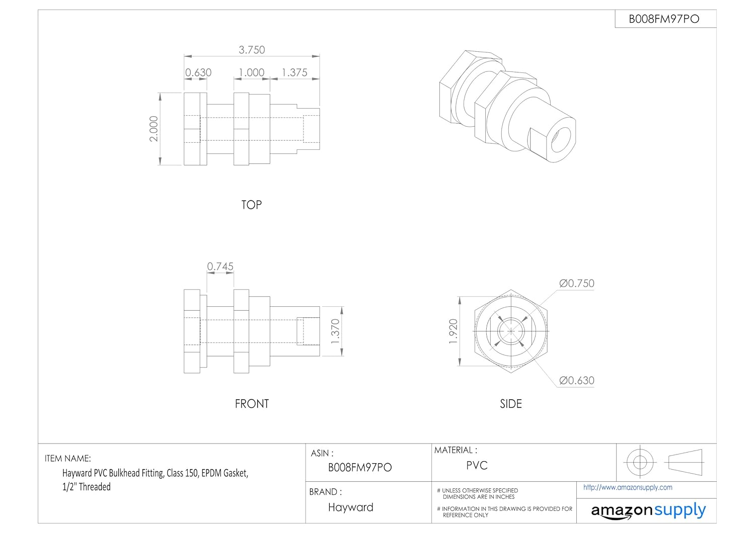 Threaded x Threaded End PVC with EPDM Seals 1/2 Size Hayward BFA1005TES ...