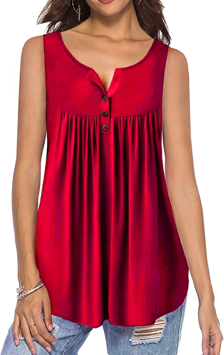 KISSMODA Red Shirts Blouse for Women Sleeveless Tops Solid Color Medium ...