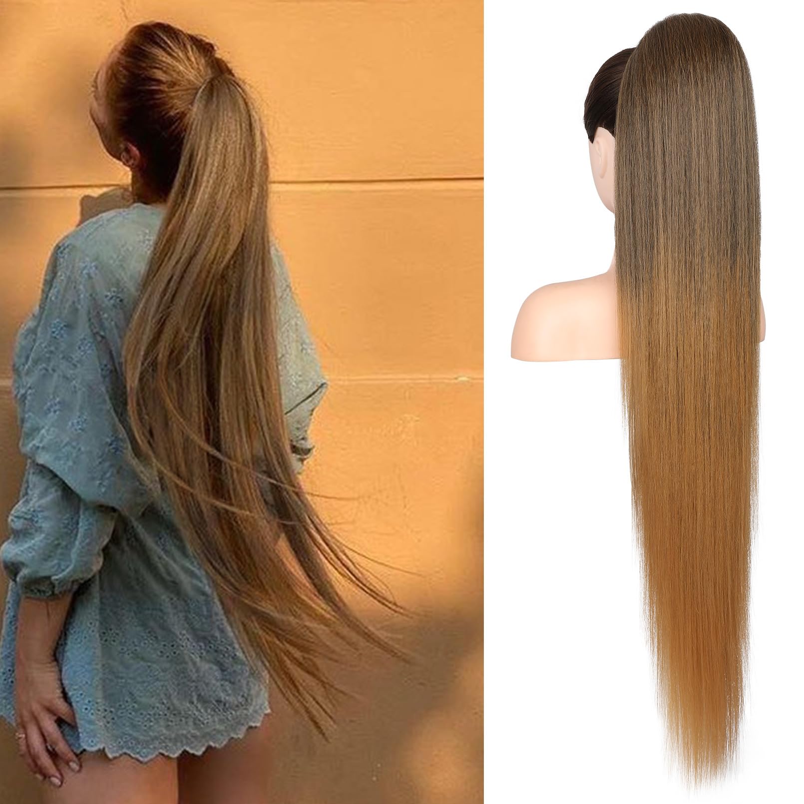 SEIKEA 36" Long Straight Drawstring Ponytail Extension, Multi Layered ...