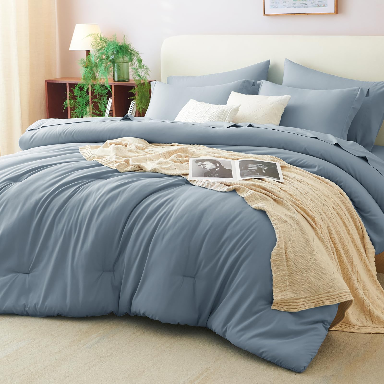 CozyLux Queen Comforter Set Grayish Blue, 7 Pieces Bed in a Bag Queen ...