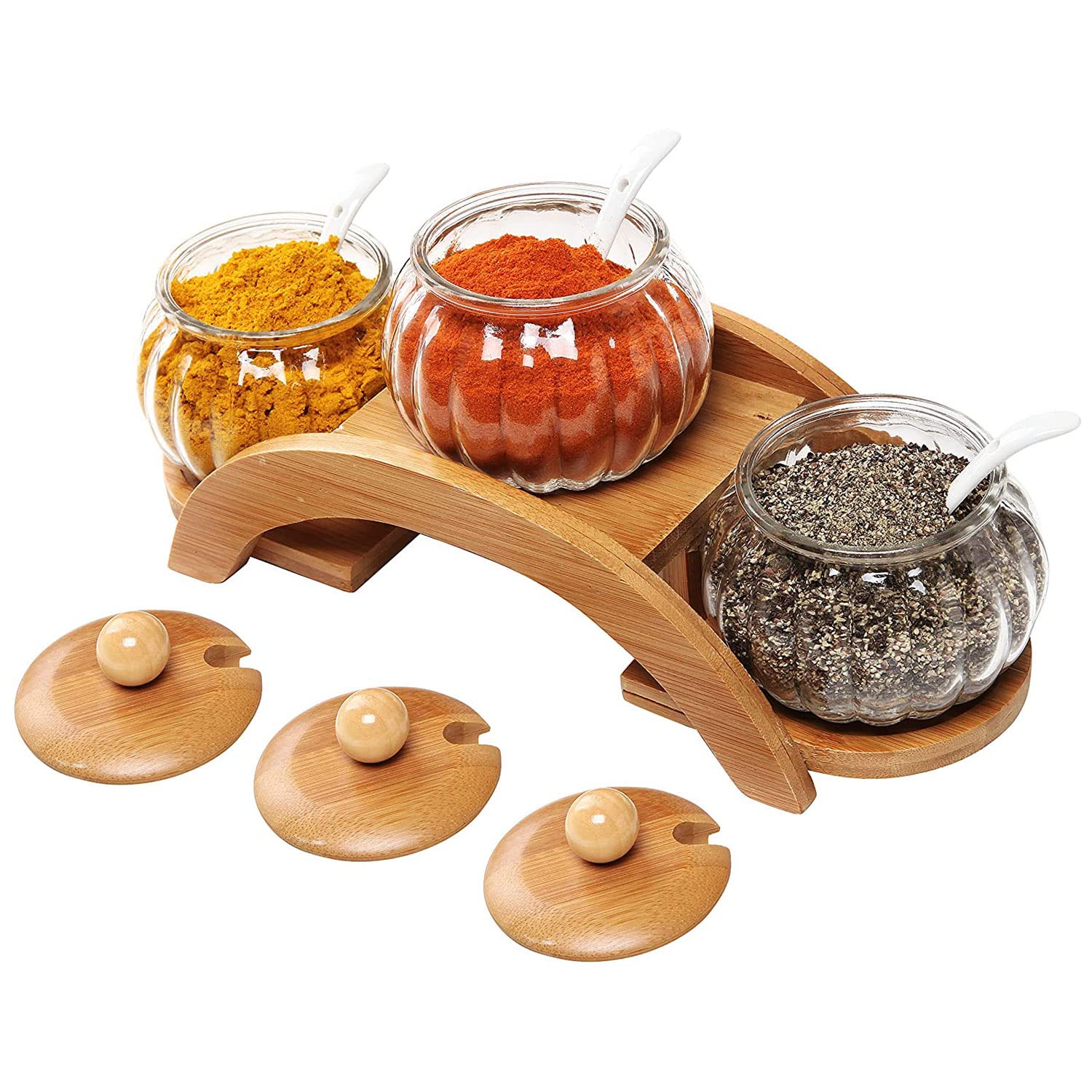 MyGift 7.5 Ounce Condiment Pots, Modern Tiered Bamboo Serving Tray with ...