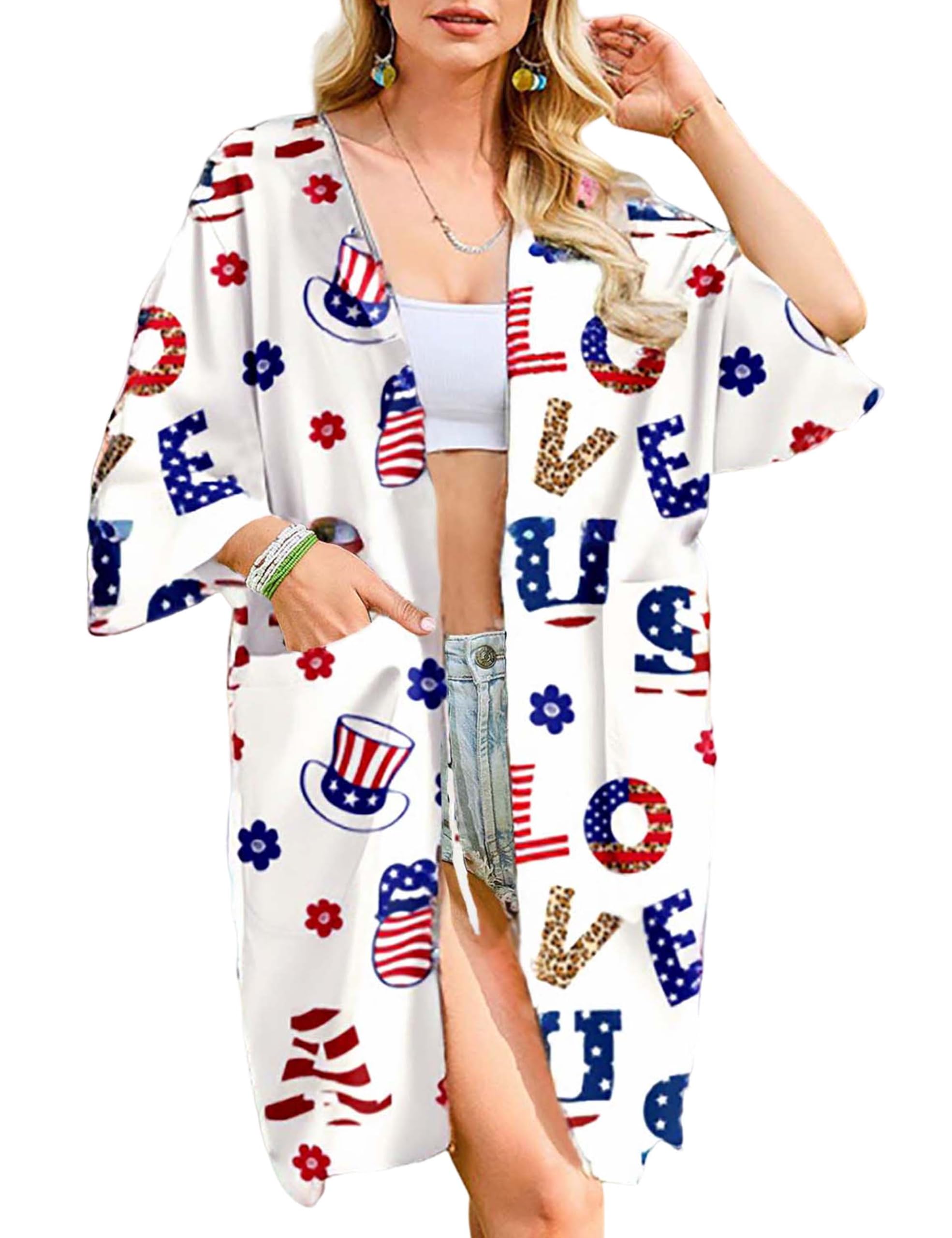 MAKABO Women Colorful Kimono Cover Up Independence Day American Flag ...