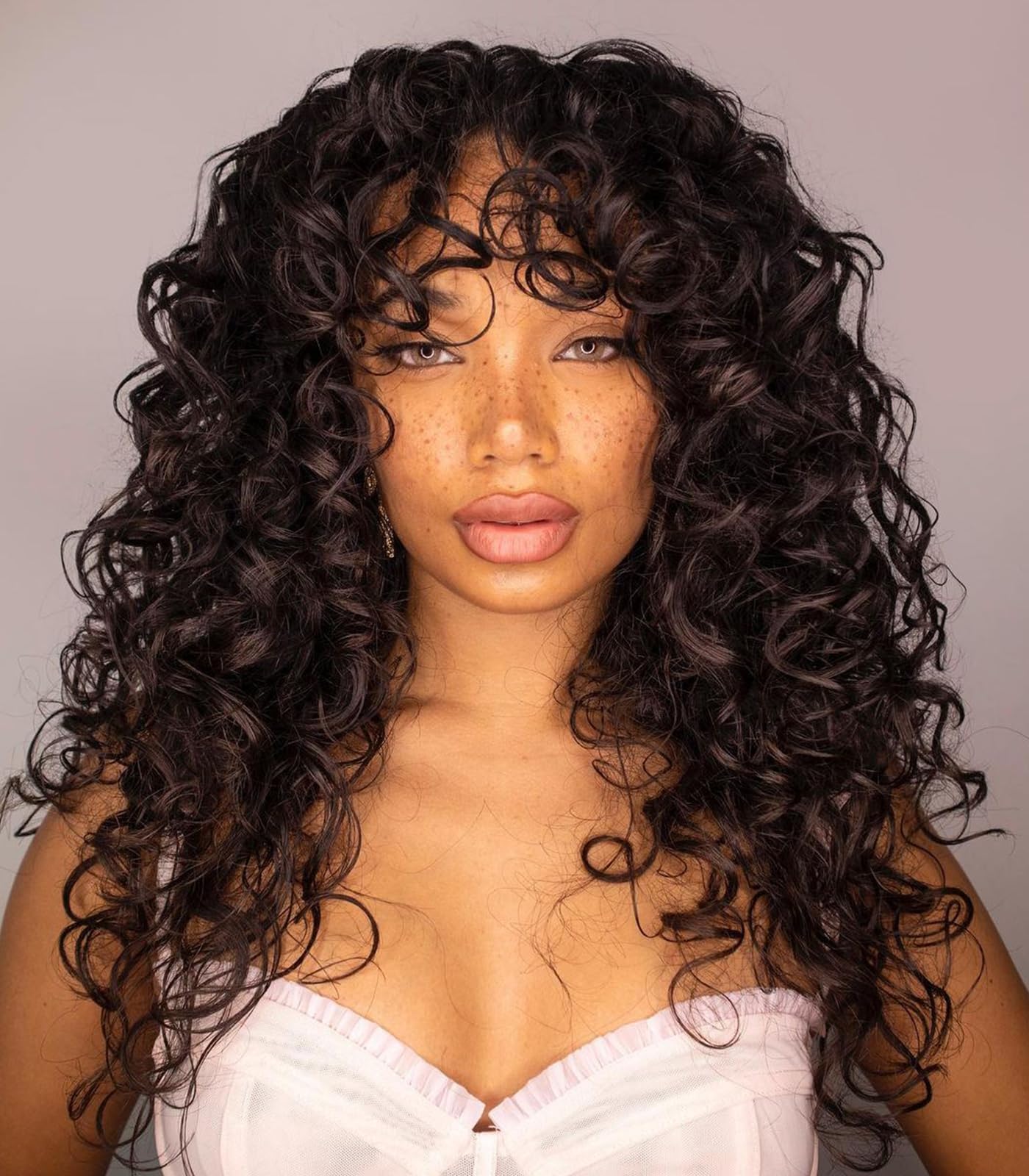 GKtineke Curly Wig with Bangs, 20 Inch Long, Synthetic Hair, Black ...
