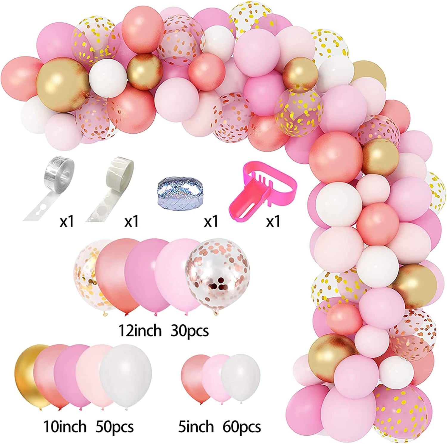 Pink Balloon Arch Garland Kit, 126 Pcs White Pink Gold Confetti Latex ...