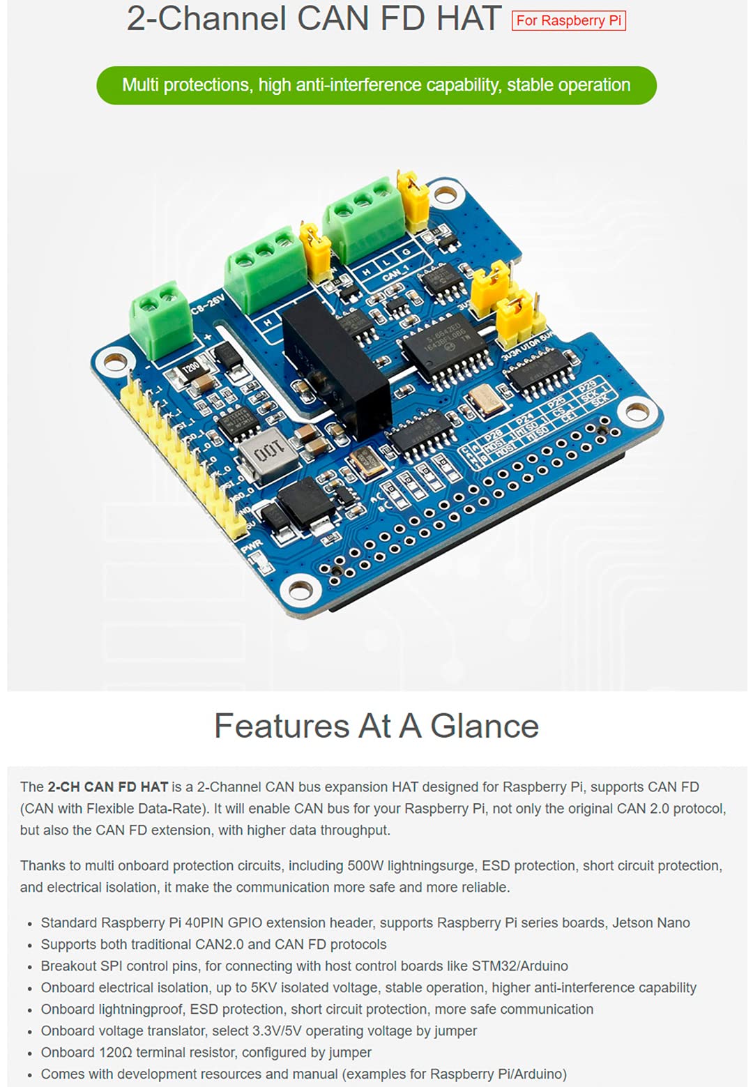 Mua 2-Channel Isolated CAN FD Expansion HAT for All Raspberry Pi ...
