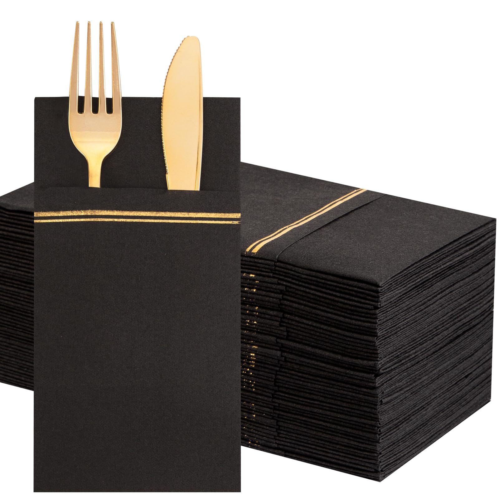 Nervure 100PCS Black Paper Napkins with Built-in Flatware Pocket ...