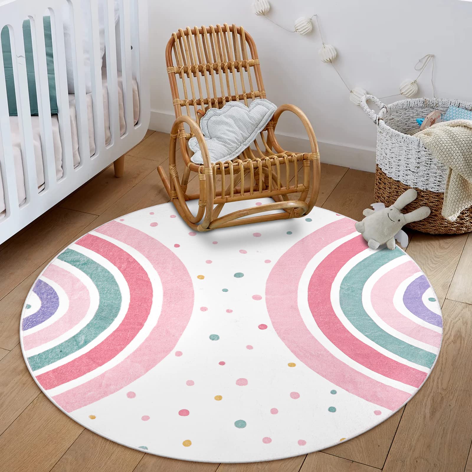 STARUIA Pink Round Rug for Nursery, 4 Ft Rainbow Washable Rug for Kids ...