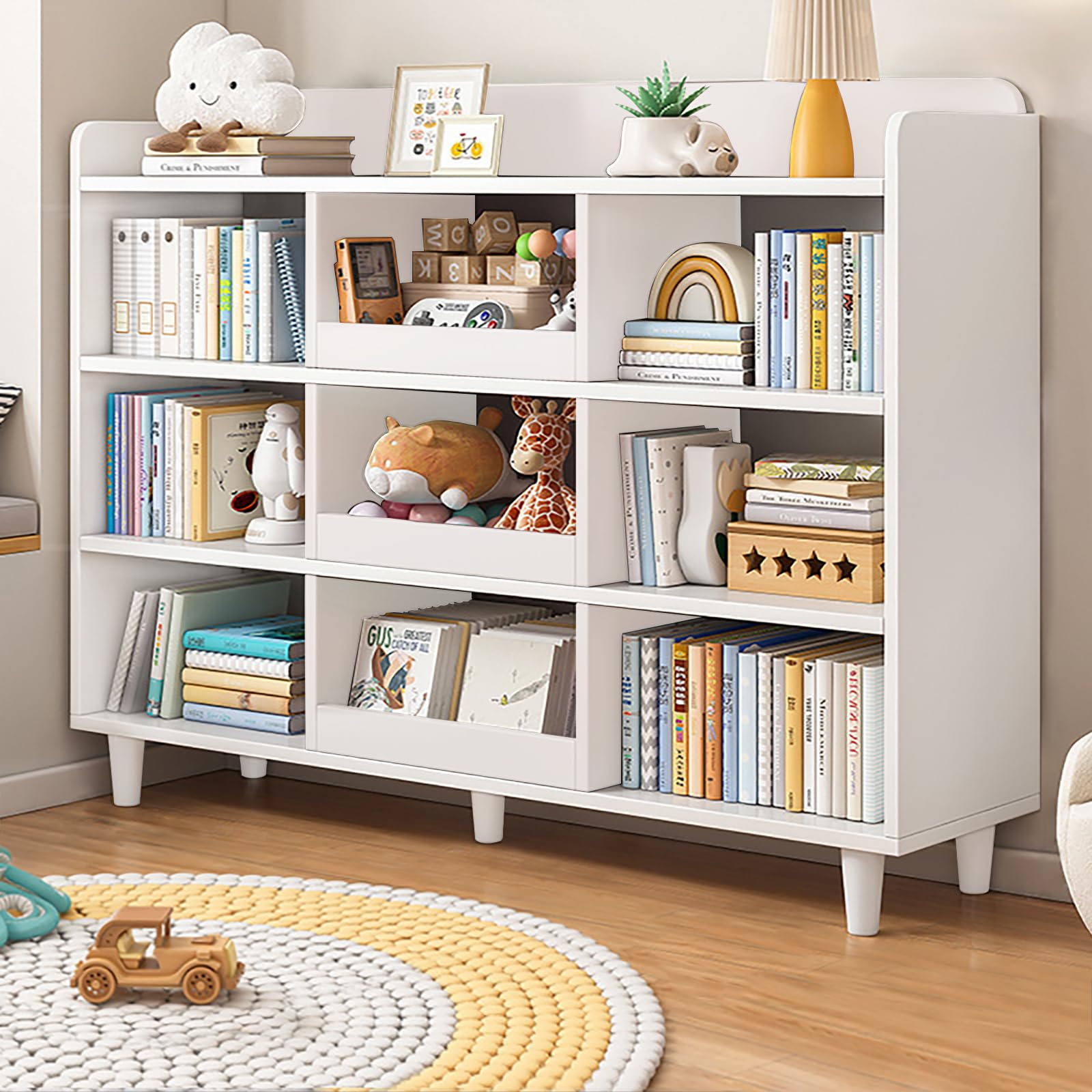 NELYE Wooden Cube Bookcase with Legs - 3-Tier Open Shelf Kidsroom Sorted Storage Cabinet ...