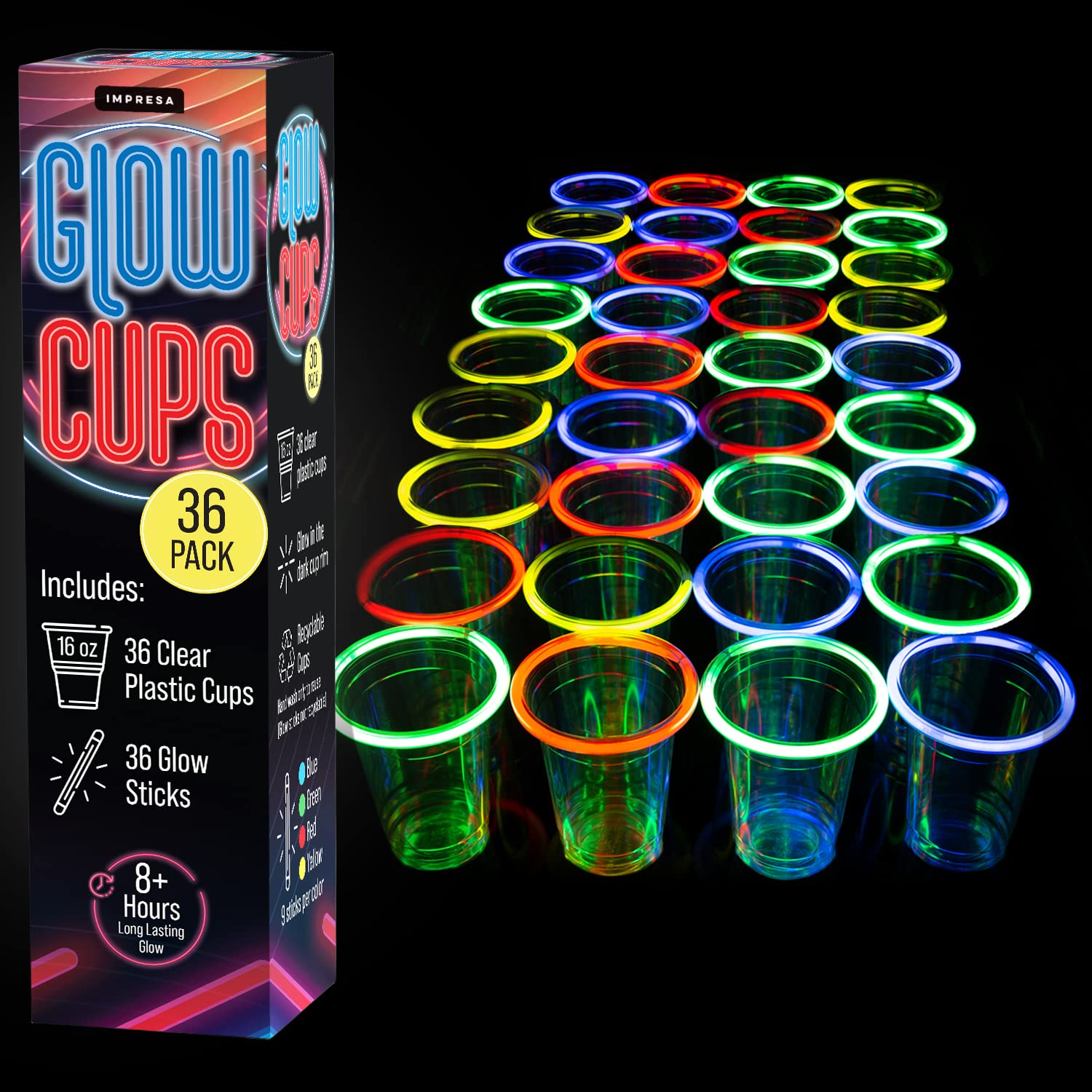 Mua IMPRESA [36 Pack Glow Cups with Multi Color Neon Glow Sticks for ...