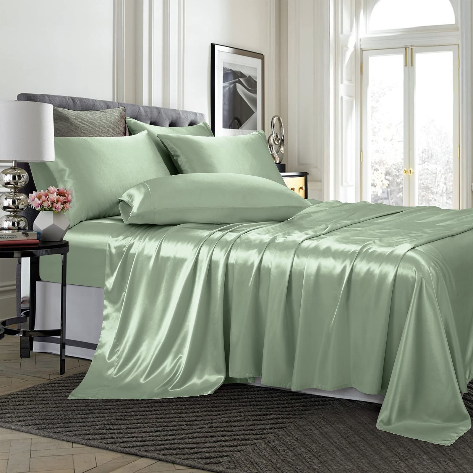 TREELY 6 Piece Satin Sheets Queen Size Silky Smooth Sage Green Satin ...