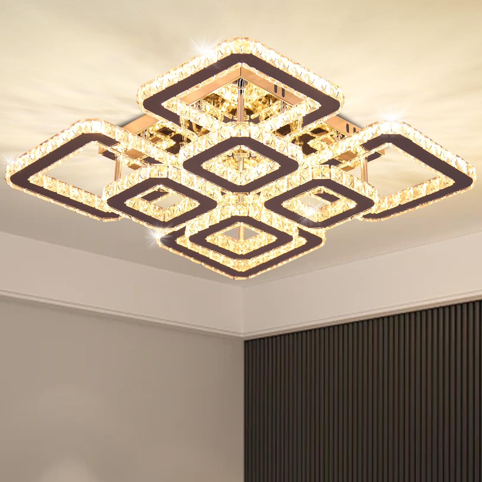 FRIXCHUR 20" Modern Ceiling Light Fixture 3000k Led Flush Mount Ceiling Light Square Crystal ...