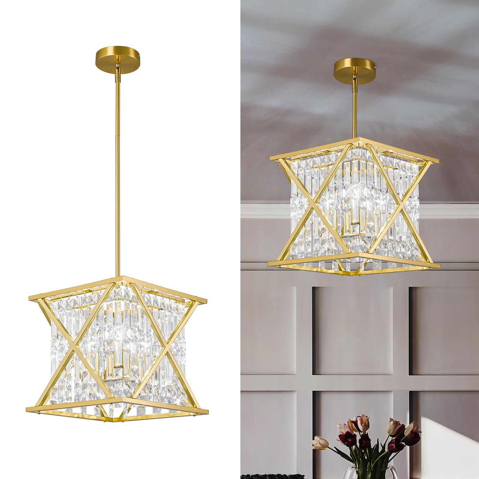 BBLLWJ Square Crystal Chandelier Light Fixture 12.99 inch Glod Metal ...