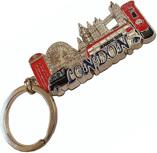 London Silver Coloured Metal Key Chain/Ring/Word in Blue/Icons/Red ...
