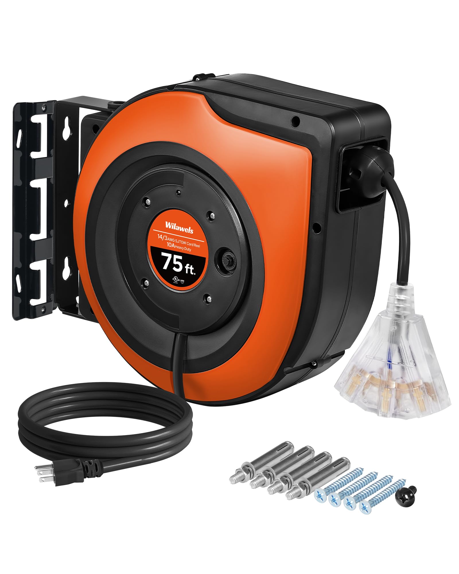 WILAWELS Retractable Cord Reel, 75 FT Heavy Duty Extension Cord, 14AWG ...