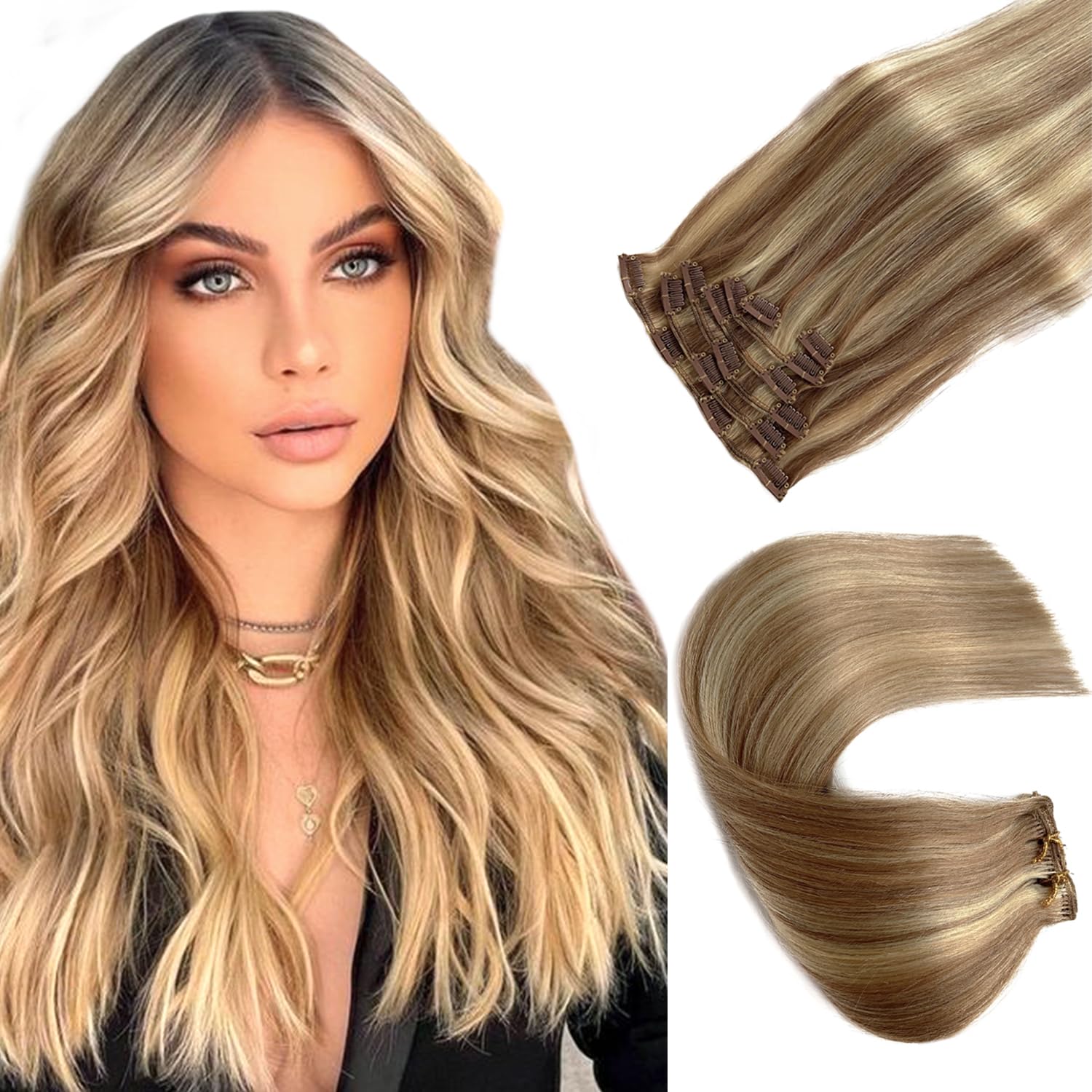 Clip in Hair Extensions Real Human Hair, Golden Brown Balayage Blonde ...