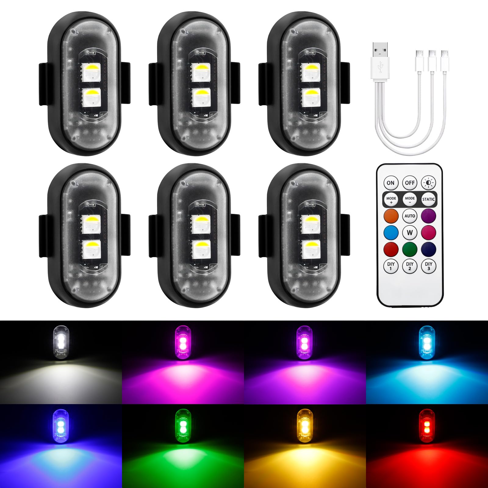 PIFOOG 6PCS Wireless LED Strobe Lights with Remote Control Anti Collision Light RGB Magnetic ...