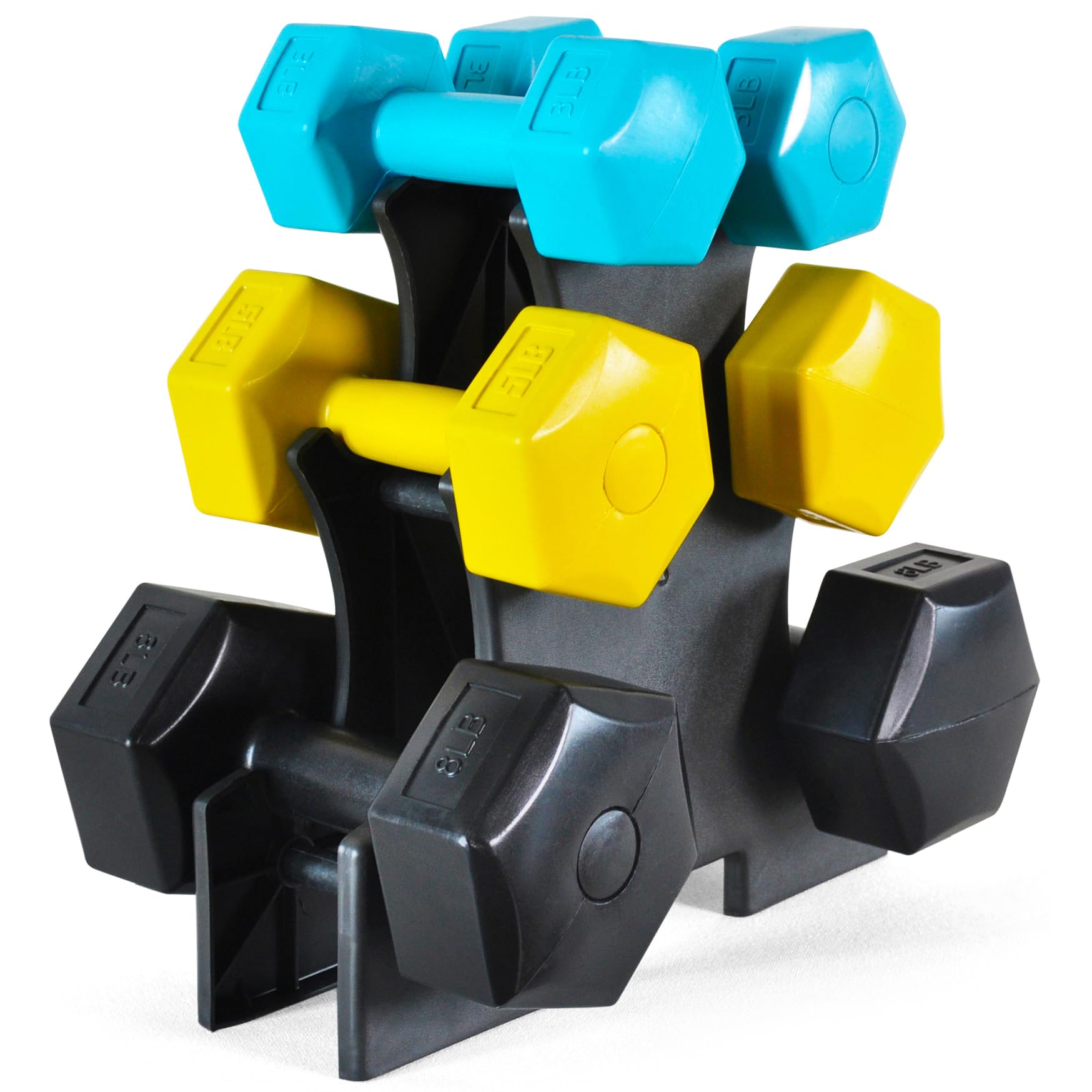 Fitvids Colored Vinyl Coated Dumbbell Set with Stand, 32-Pound Set with ...