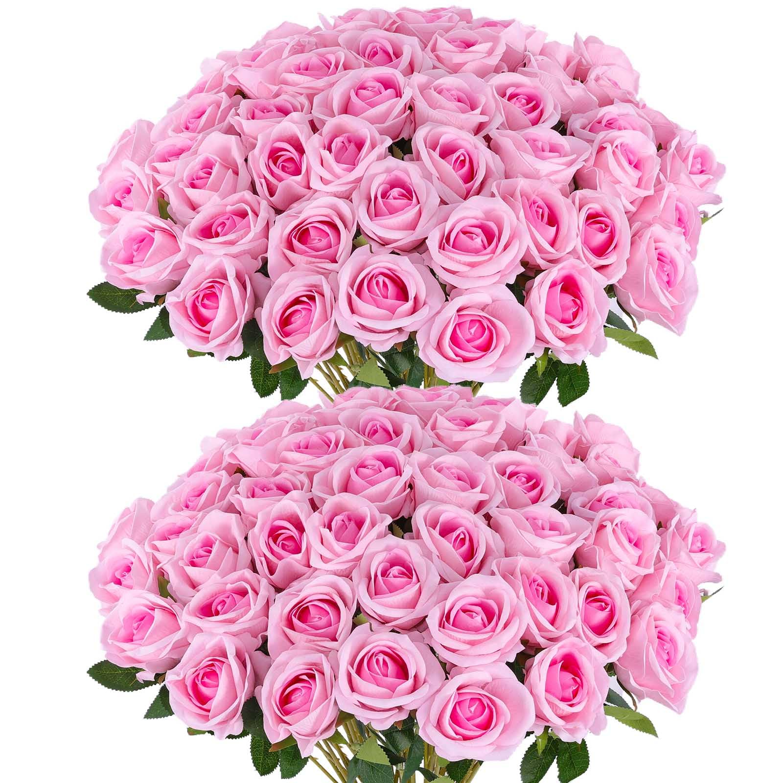 Hananona 50 Artificial Roses in Bulk, Fake Silk Pink Roses Realistic ...