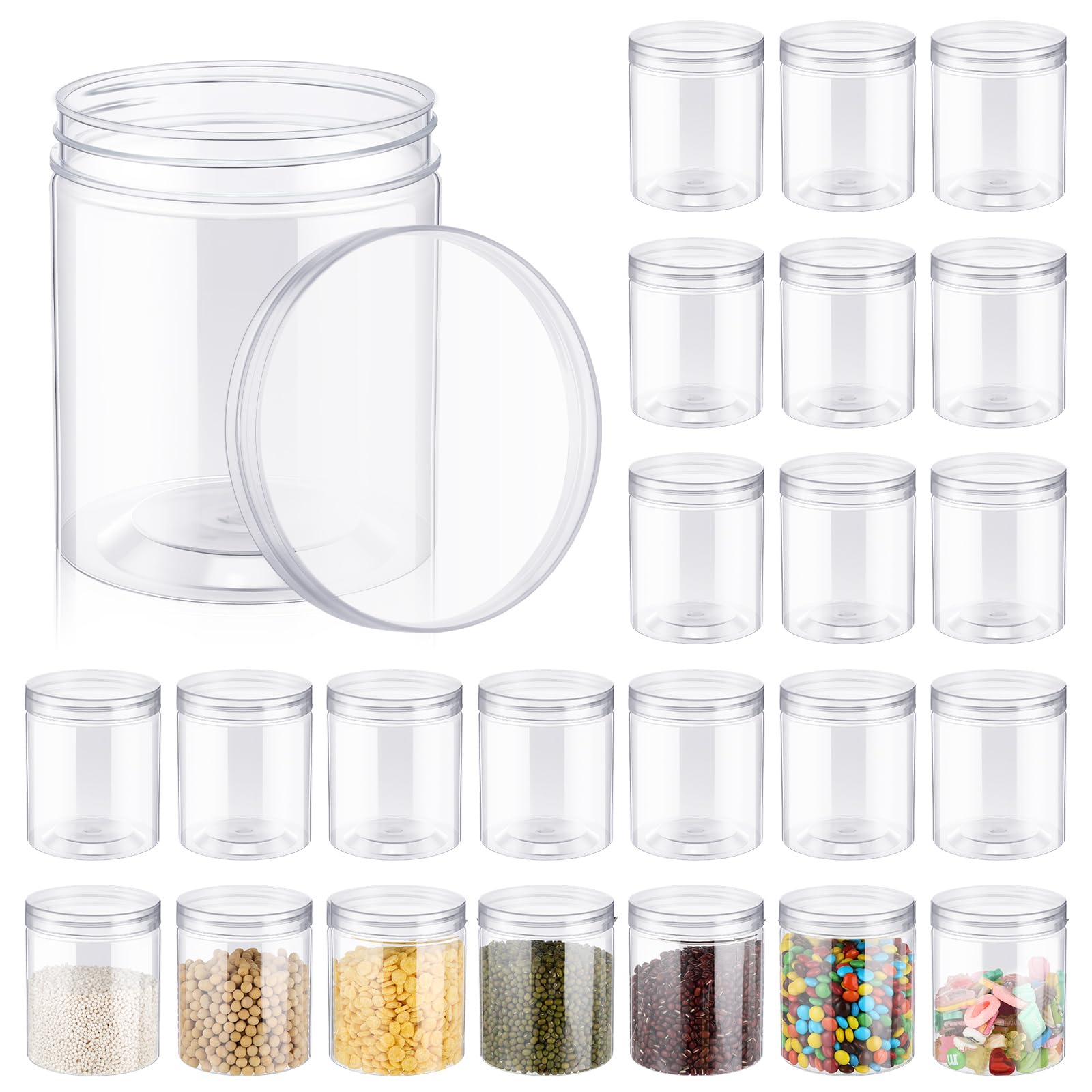 Irenare 24 Pcs 16 oz Clear Plastic Jars with Ribbed Lids Wide Mouth ...