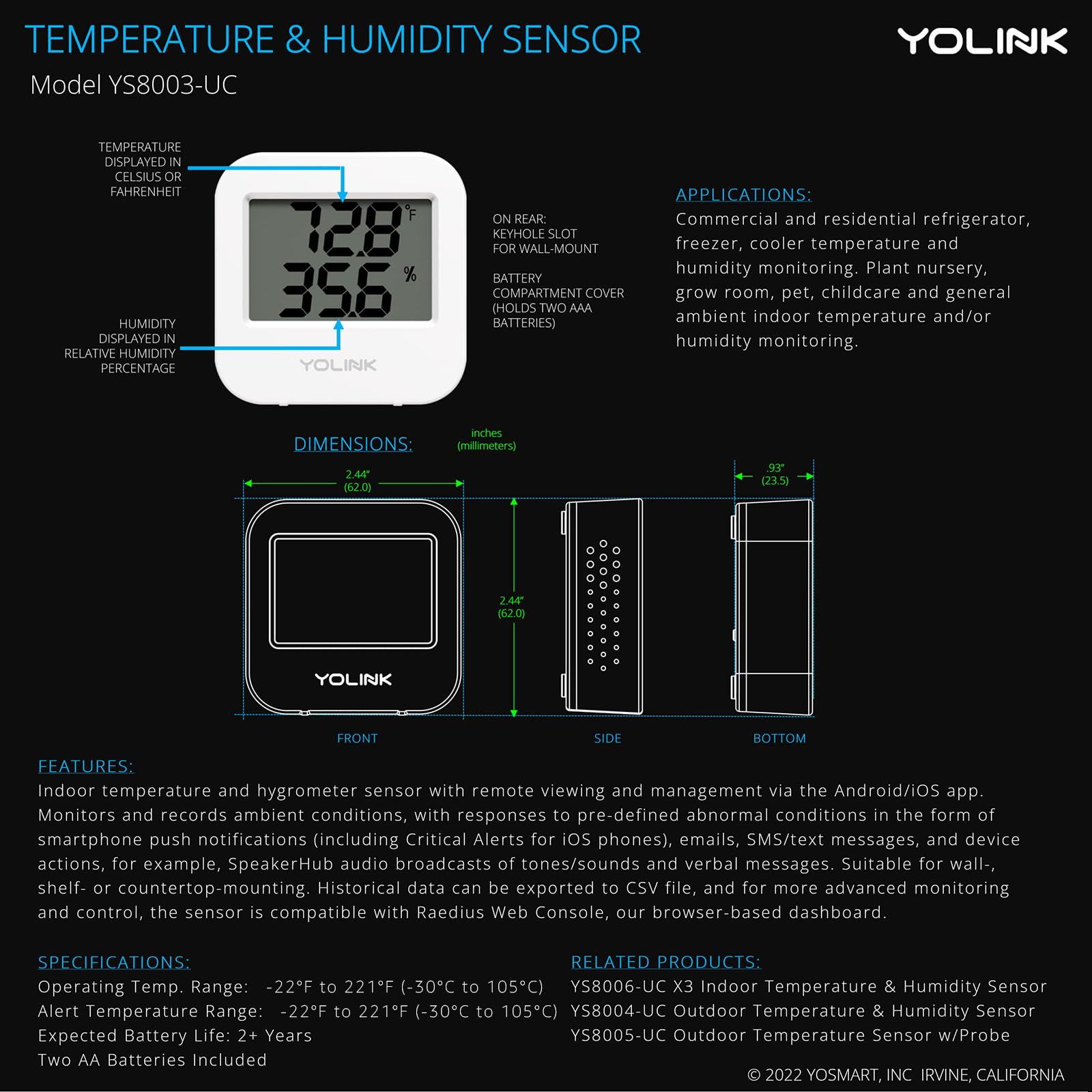 YoLink Smart Wireless Temperature & Humidity Sensor, Wide Temp Range For Freezer, Fridge, Green ...
