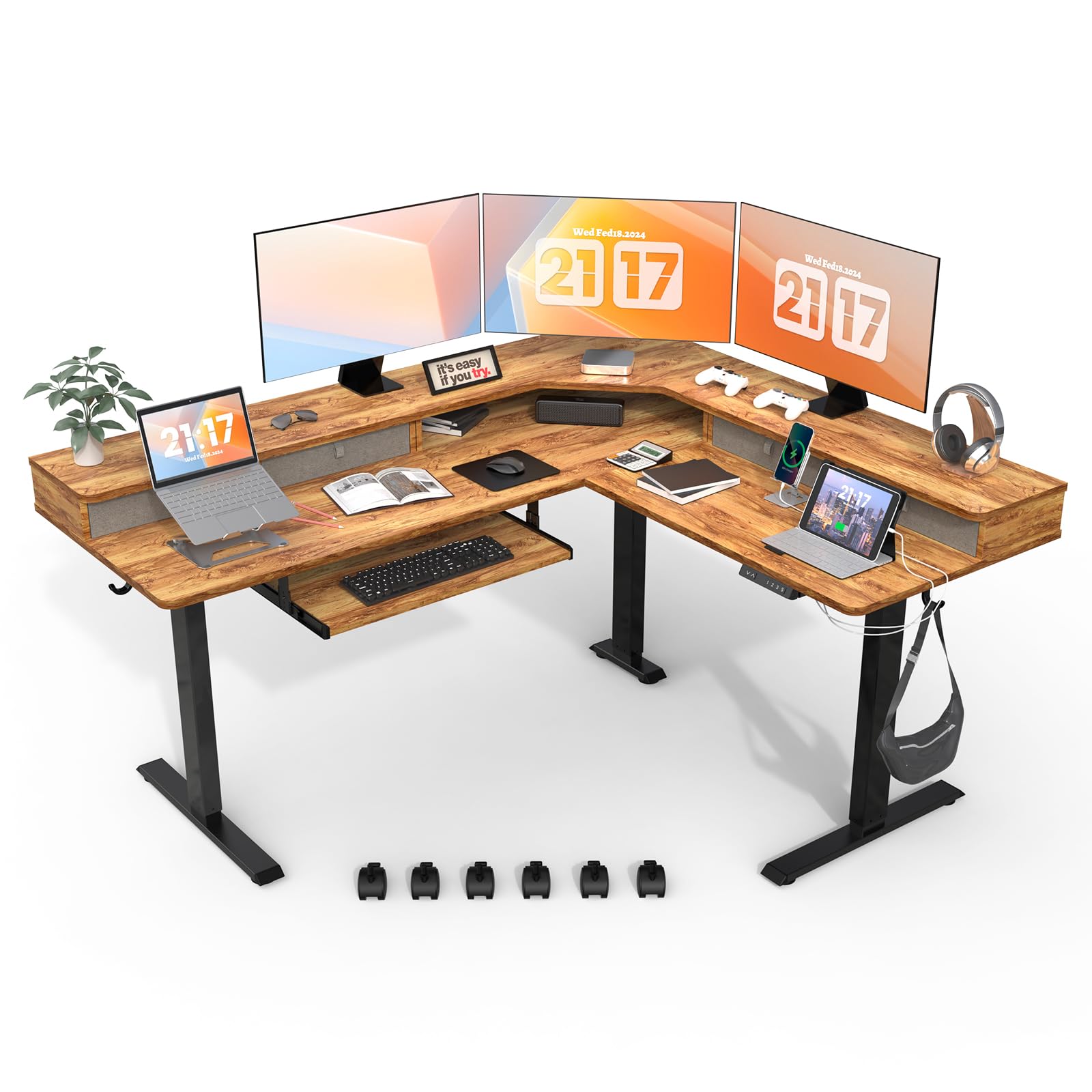 ExaDesk L Shaped Standing Desk with USB Charging Port & 4 Drawers,63 x ...