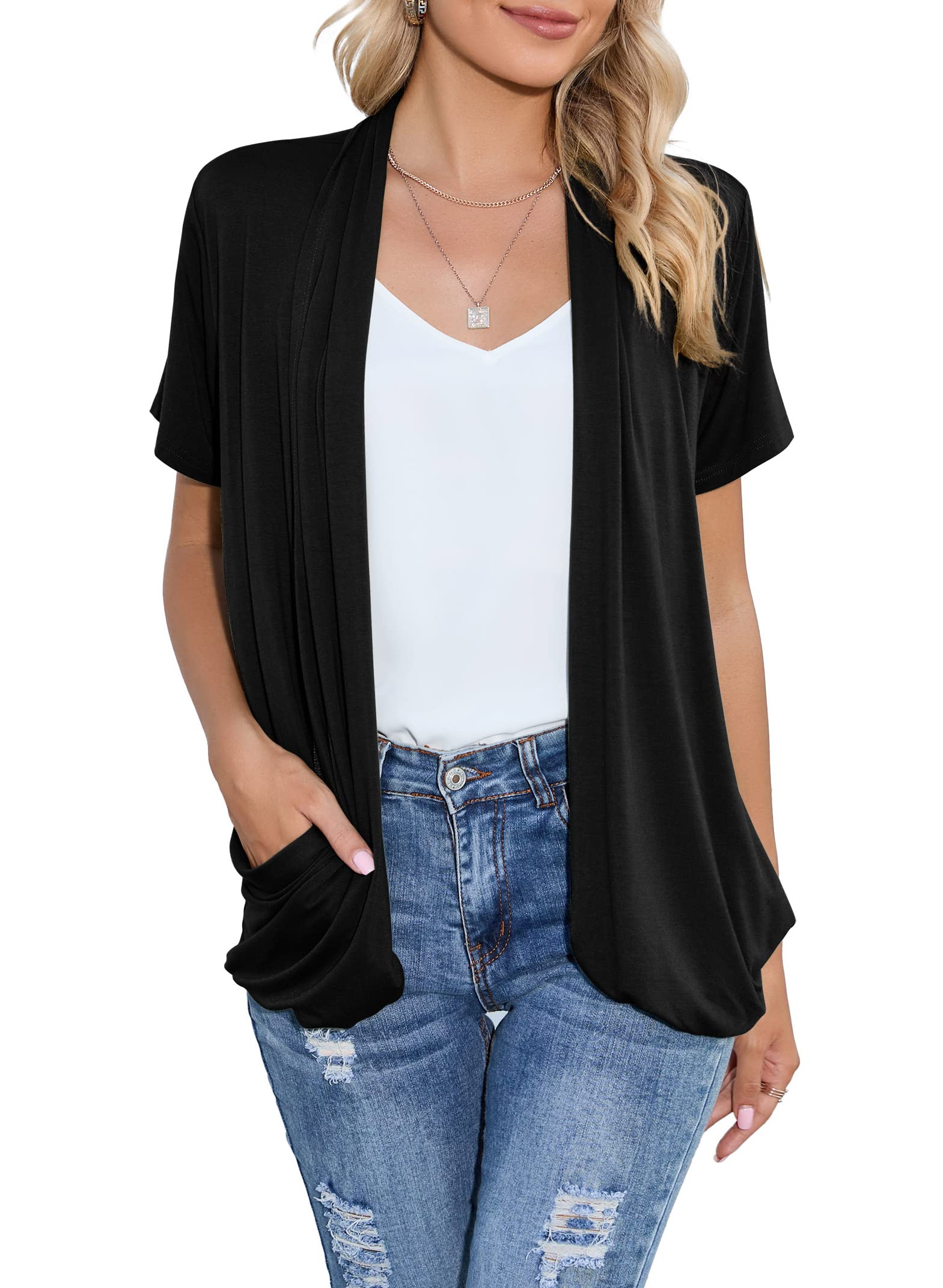 HIYIYEZI Lightweight Summer Cardigan for Women Drape Short Sleeves Open ...
