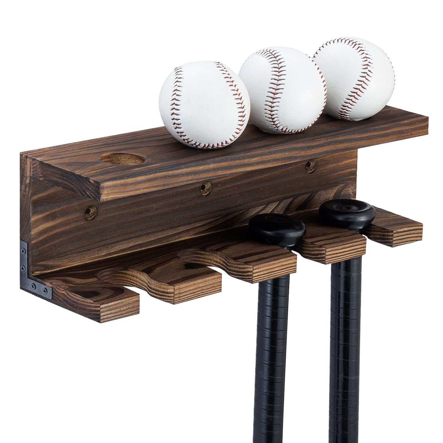 MyGift Solid Burnt Wood Baseball Bat Holder and Ball Display Shelf ...