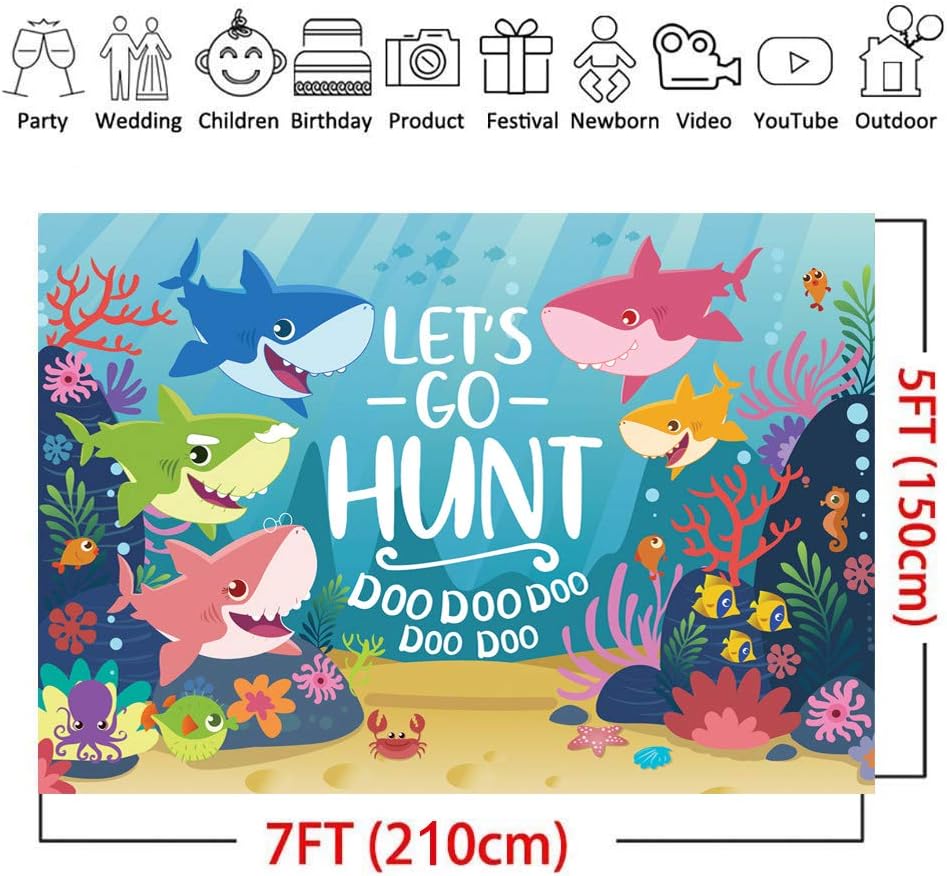 LYWYGG 7x5FT Baby Shark Vinyl Backdrop Blue Ocean Shark Birthday Party ...