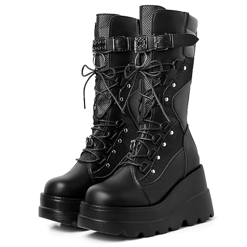 mikarka Womens Holographic Platform Mid Calf Combat Boots Lace Up Wedge ...