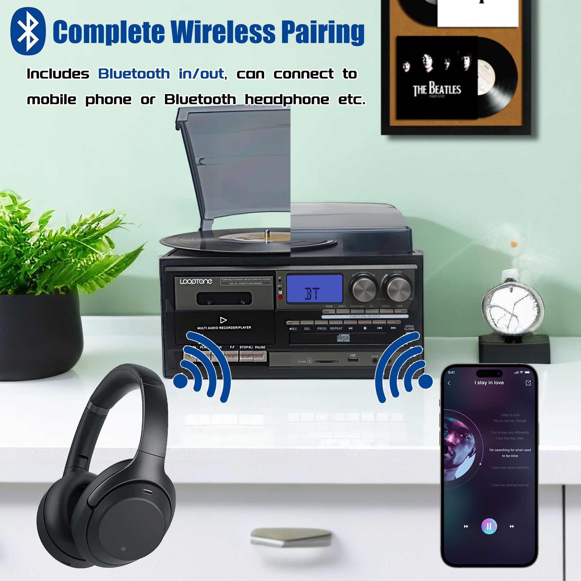 Mua LoopTone Vinyl Record Player 10 in 1 3 Speed Bluetooth Vintage ...
