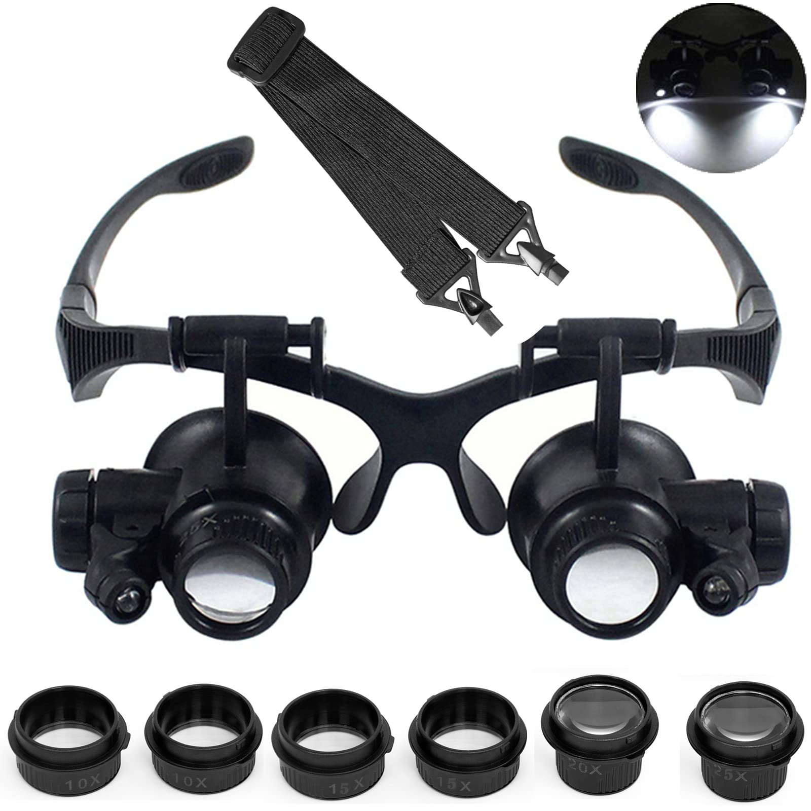 LXIANGN LED Head Mount Magnifier 10X 15X 20X 25X Hands-Free Magnifying ...