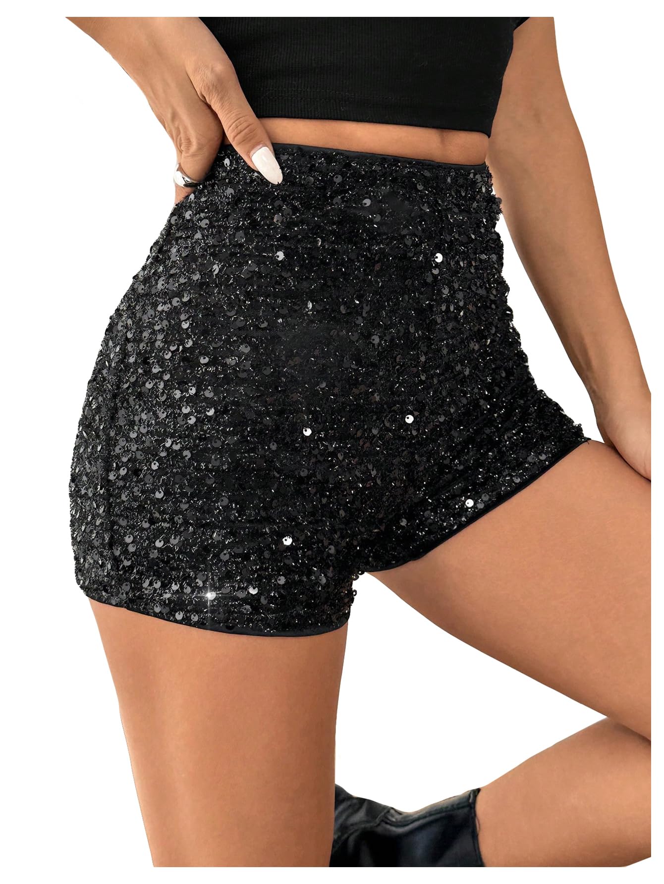 WDIRARA Women's Sparkly Sequins Mini Shorts Sexy Straight Leg High ...