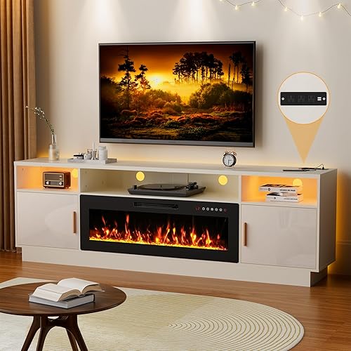 80'' TV Stand with 42'' Fireplace-LED Light Entertainment Center for 90 ...