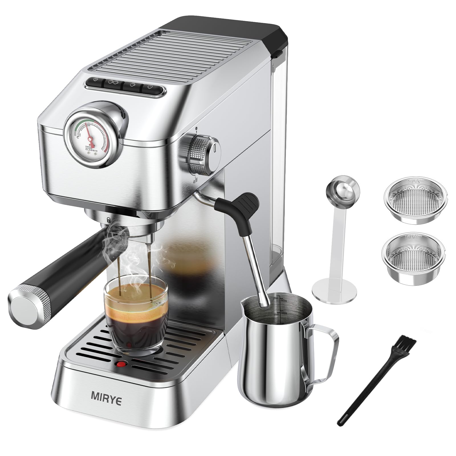 MR MIRYE Espresso Machine, 20 Bar Stainless Steel Espresso Maker Silver ...