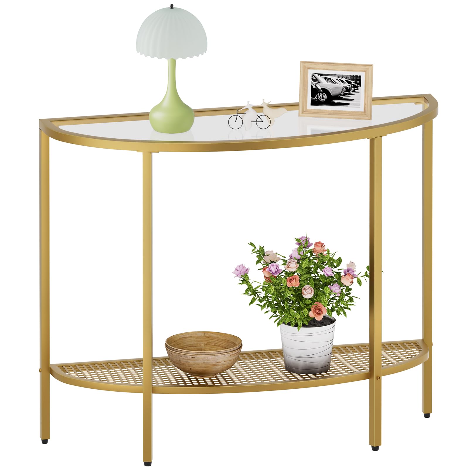 SAYGOER Glass Half Moon Console Table 2 Tier Narrow Entryway Table with ...