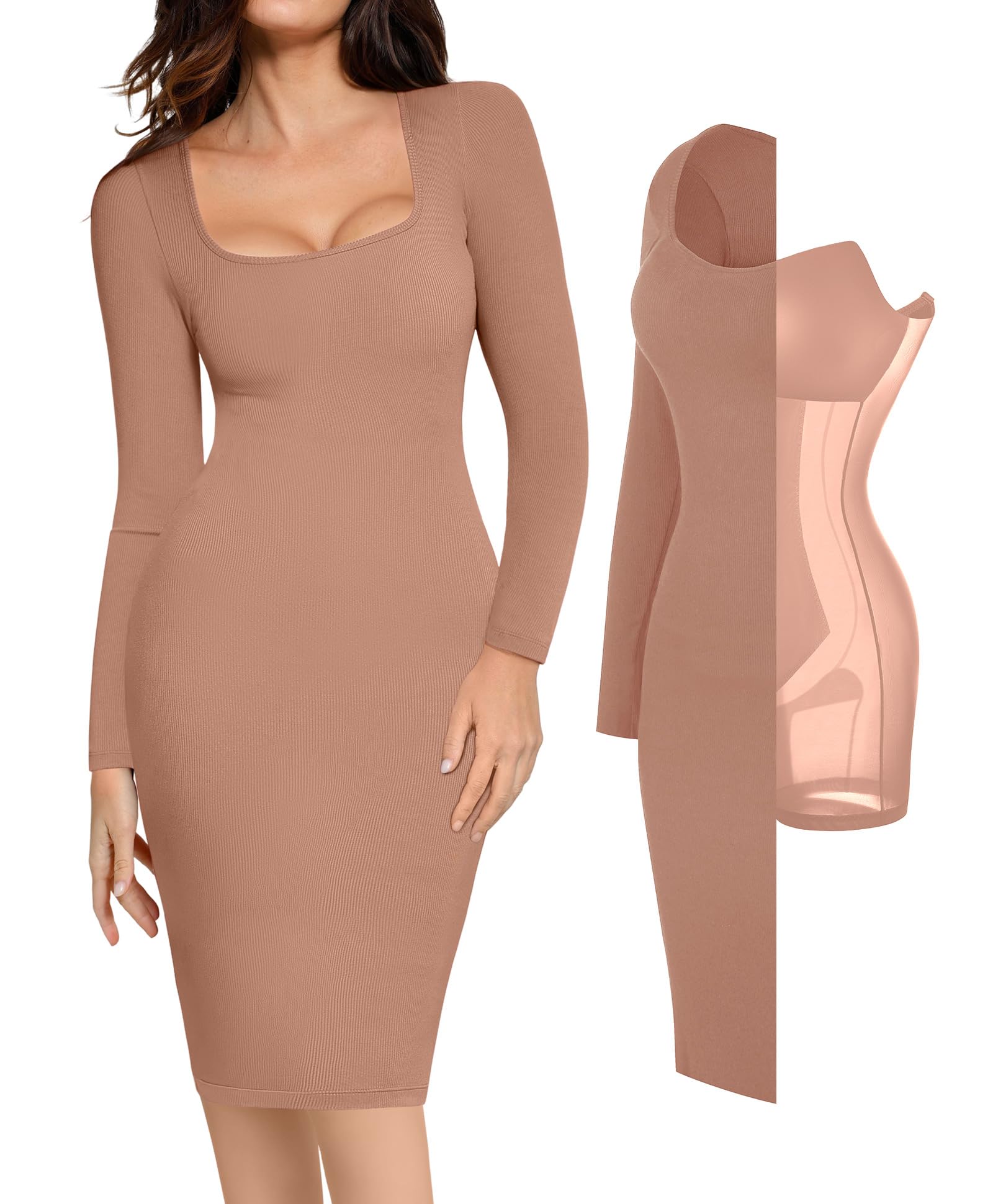 Popilush Long Sleeve Midi Dress Bodycon Party Dress Shapewear Tummy ...