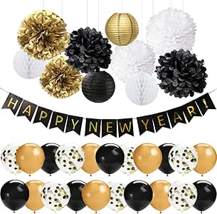 Amazon.com: 41 PCS Black Gold Happy New Year Decorations Set Happy New ...