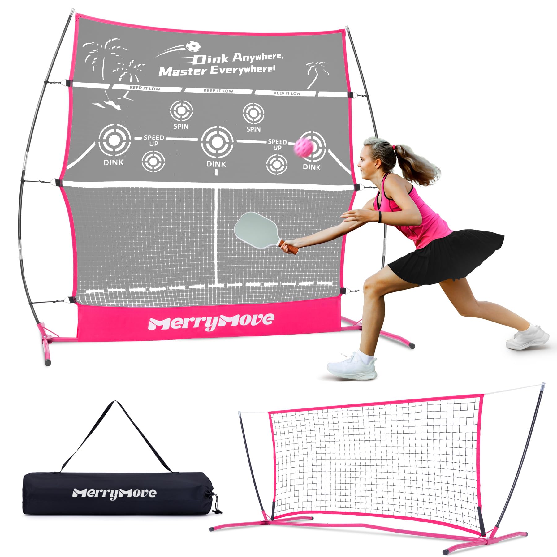 MerryMove Pickleball Rebound Net for Practice: Pink Pickleball Net ...